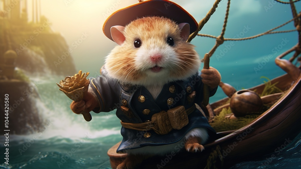 A Hamster pirate with a tiny tricorn hat, steering a small pirate ship ...