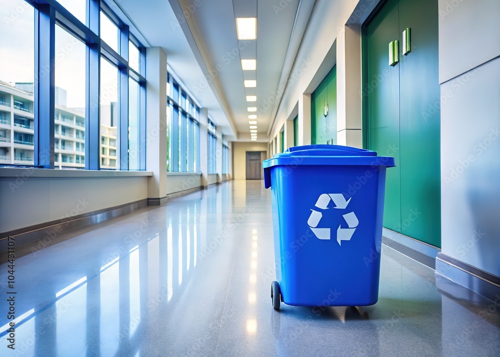 In a spotless hospital hallway, a blue recycling bin represents ...