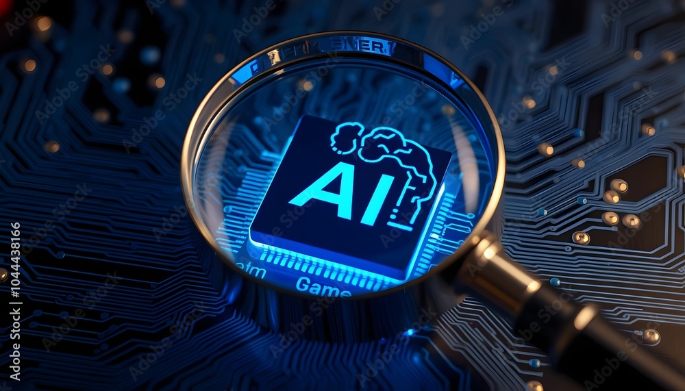 Hand with a magnifying glass zooming in AI on a circuit board ...