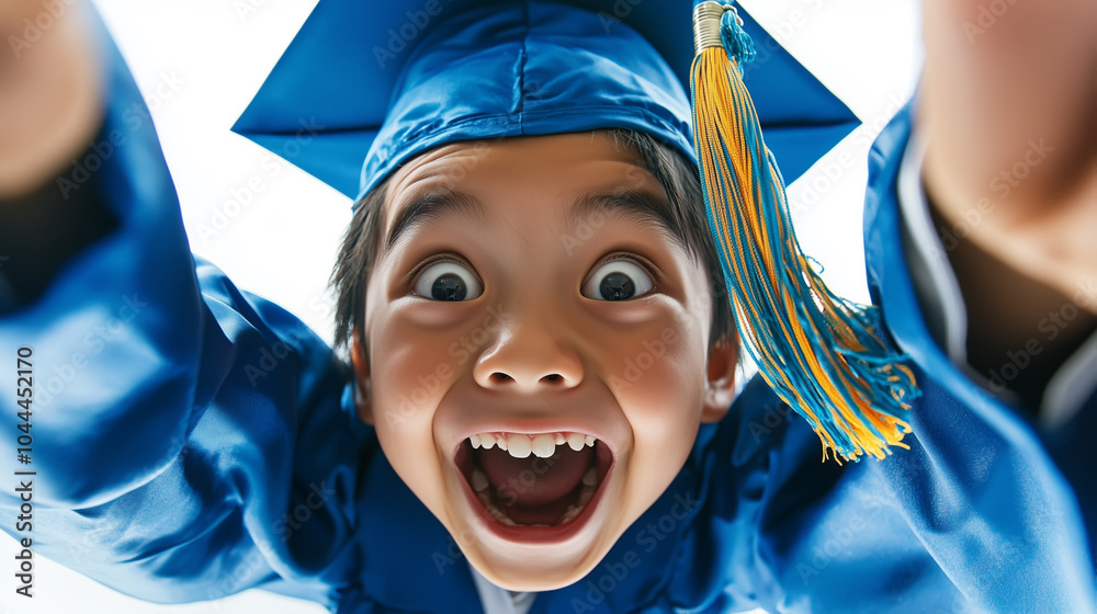 top view, 10 year old students celebrating graduation with happy faces ...