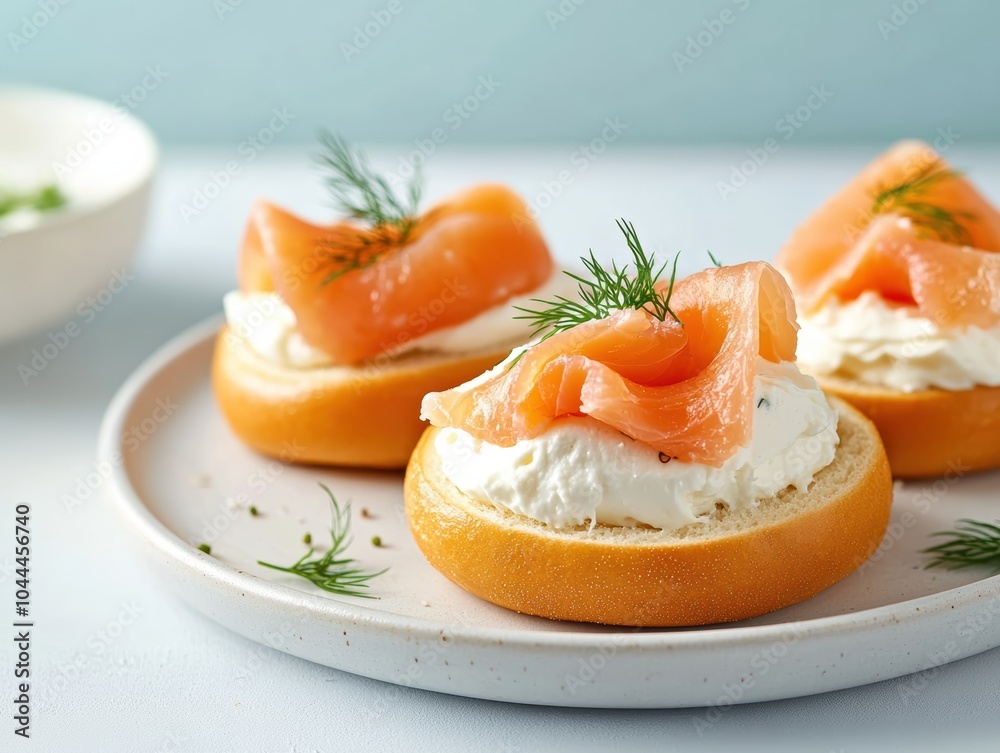 Open-Faced Bagel with Cream Cheese and Smoked Salmon Topped with Fresh ...