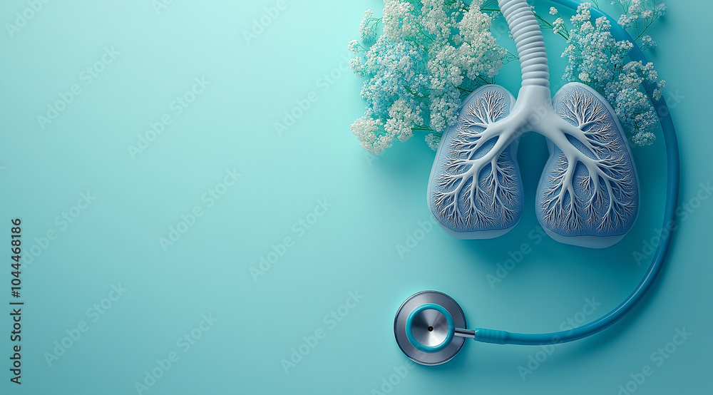 Mockup of human lungs in light blue color, flowers and a phonendoscope ...