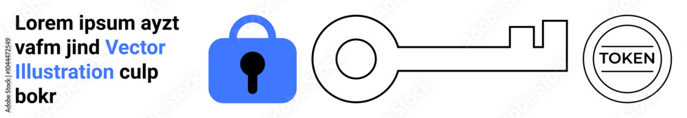 A blue lock, a black key, and a circular token with the word TOKEN ...
