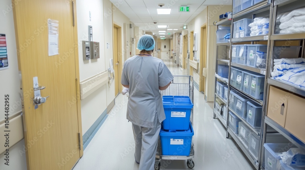 back of hospital employee wheeling organized supply trolley, light gray ...