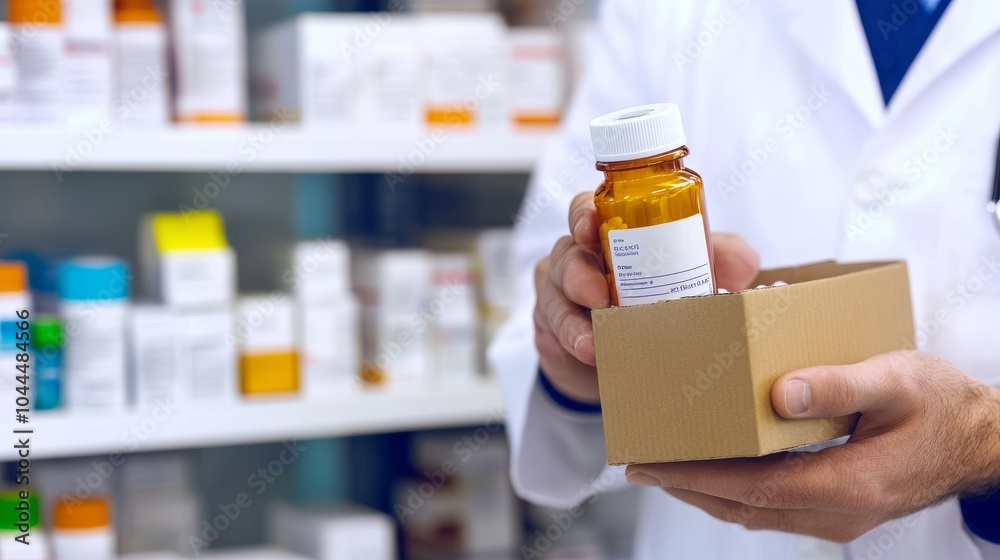 close-up of pharmacist hands handling medication bottle, cardboard box ...