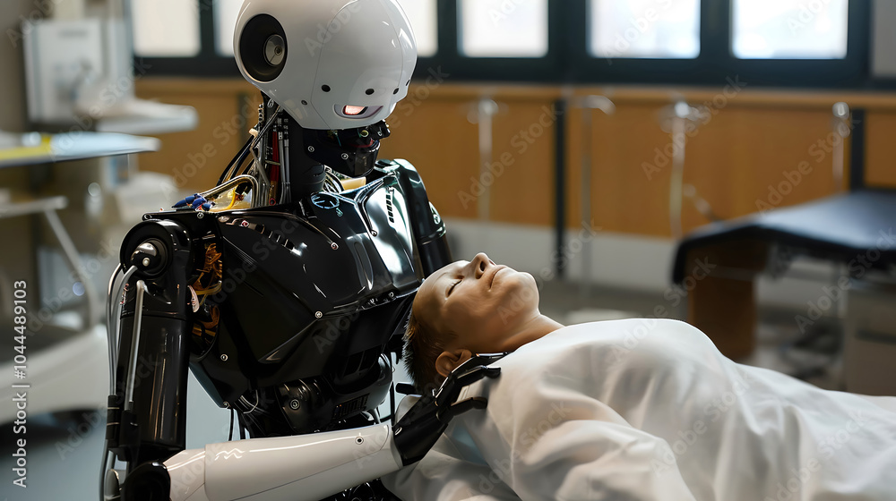 Medical robotics concept. AI robot performs examination for a human ...
