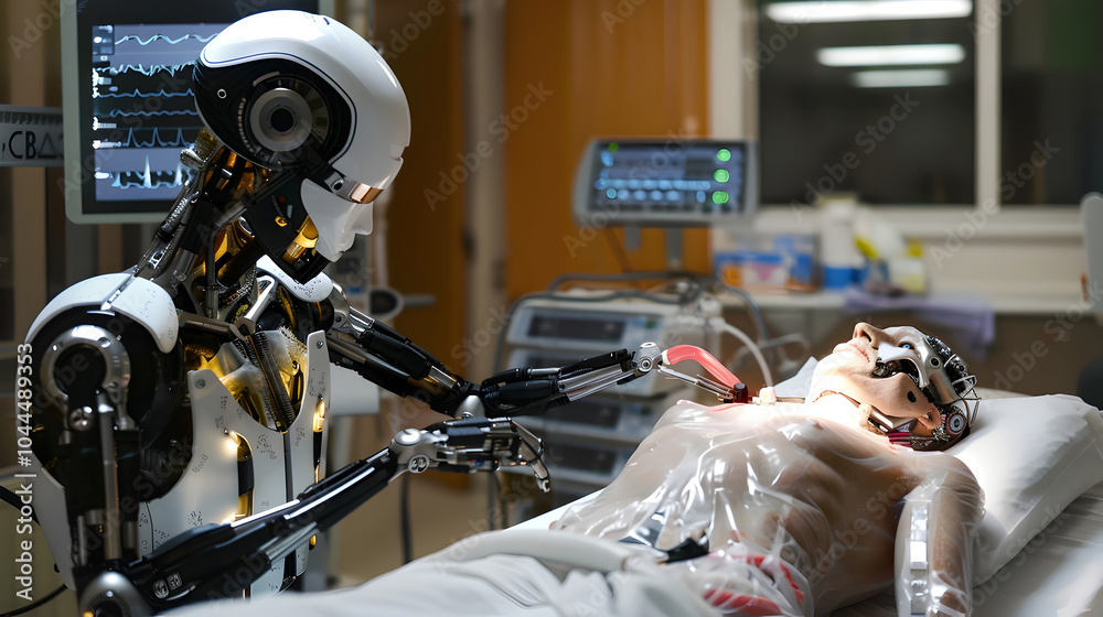 Robotic surgery and medical robotics concept. AI robot performs complex ...