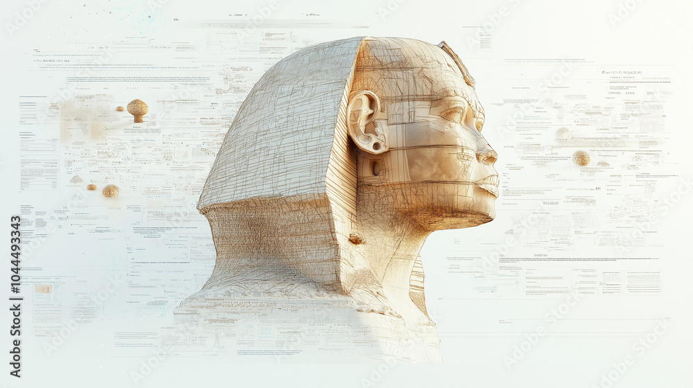 A digital blueprint of the Sphinx with annotations on the weathering ...