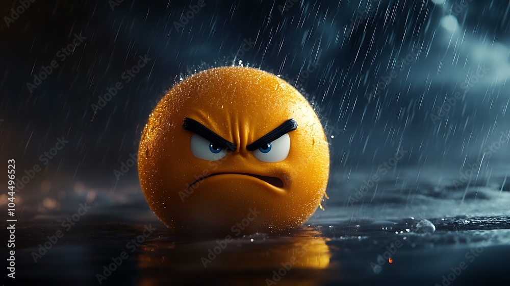An angry yellow emoji is caught in a downpour of rain. The water drops ...