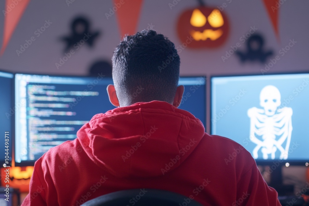 Cybercrime in Halloween Atmosphere Hacker in Dark Room with Festive ...