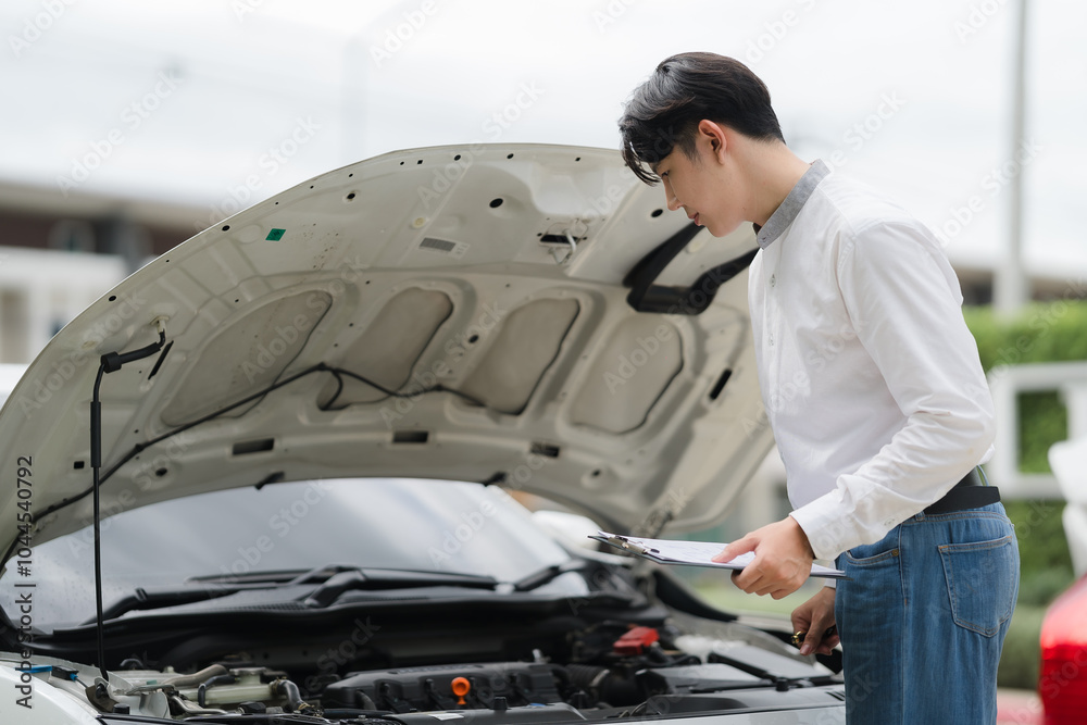 Car Trouble: A young man, dressed casually, looks concerned as he ...