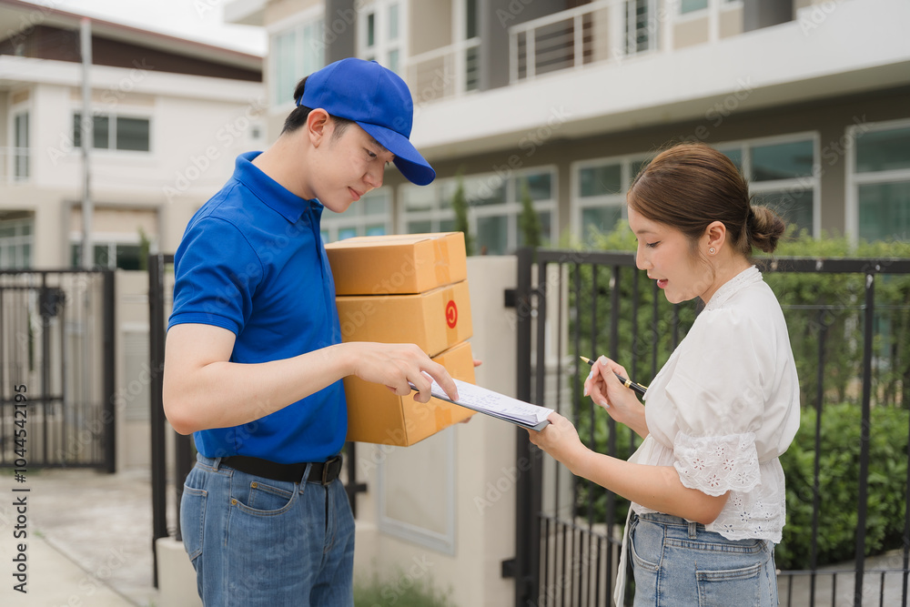 Delivery Confirmation: Smiling delivery man handing packages and ...