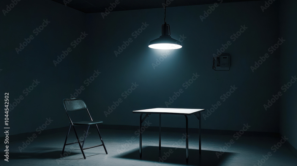 Dark interrogation room with single bright light overhead in a police station Stock Photo ...