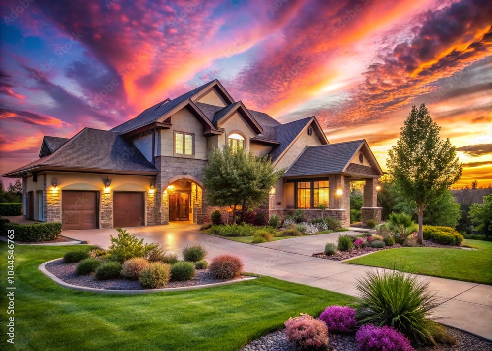 Luxury home during twilight golden hour with pink and purple sky and ...