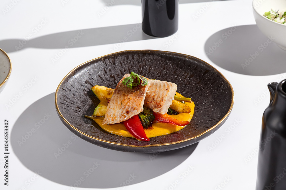 Poster Elegant Plating of Sea Bass Fillet with Sweet Potato Puree and ...