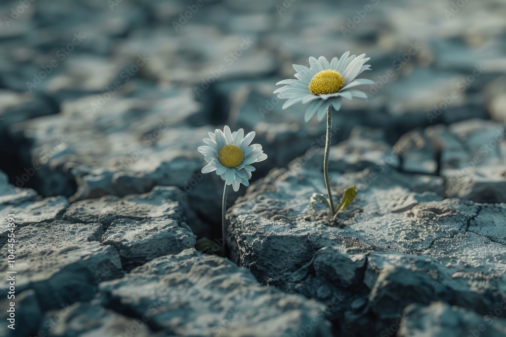 One daisy flower sprouts through dry cracked soil. Symbol of soul ...
