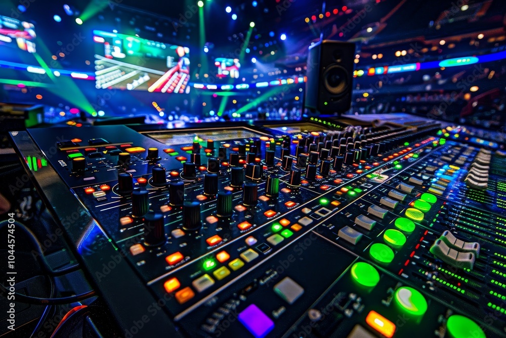 A high tech sound mixer console is set up at a live event, with vibrant ...
