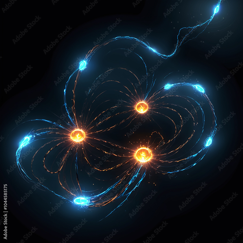 A swirling, abstract design with three glowing orange orbs and six blue ...