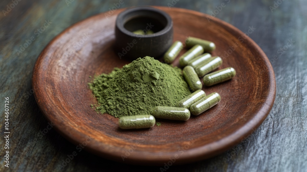 Green kratom capsules and powder presented on a brown plate Herbal ...