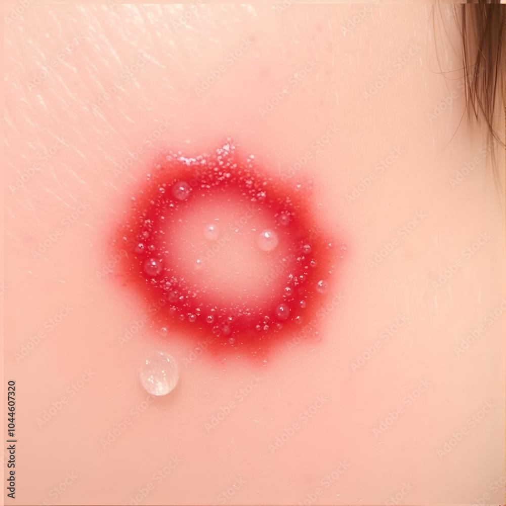 Close-up of a circular, itchy, red, scaly, inflamed skin rash on the ...