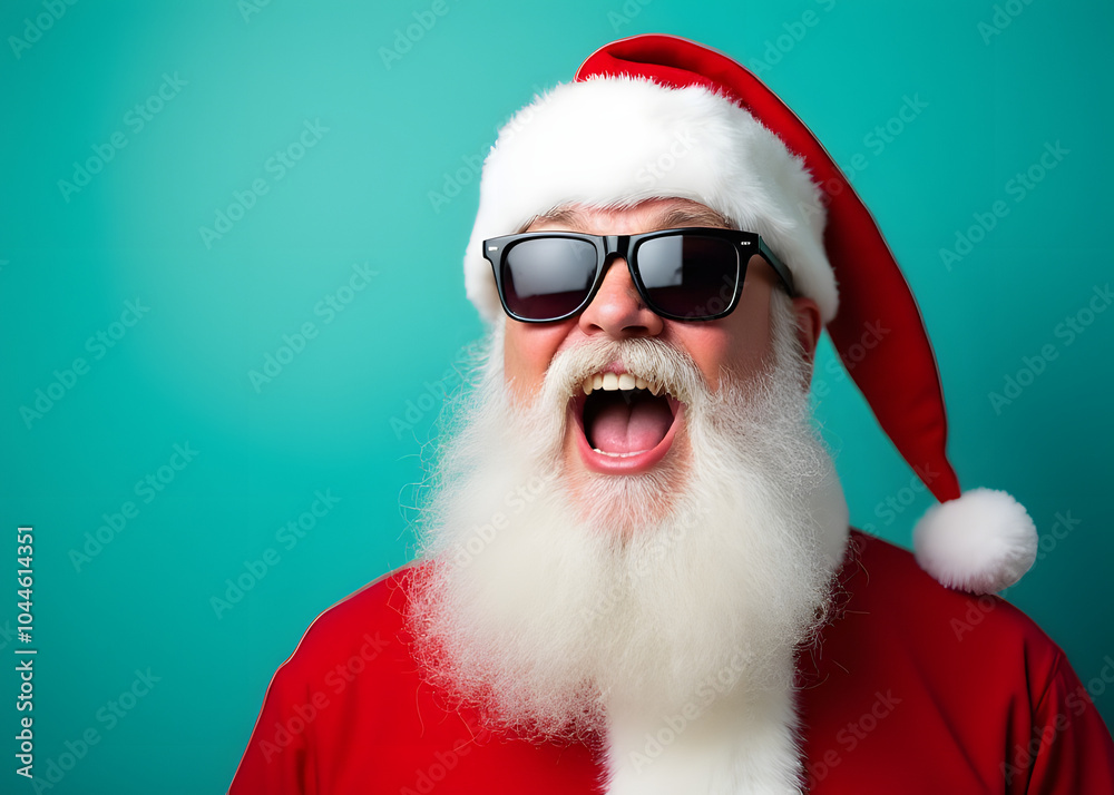 Santa wears sunglasses and sings joyfully with a festive hat in front ...