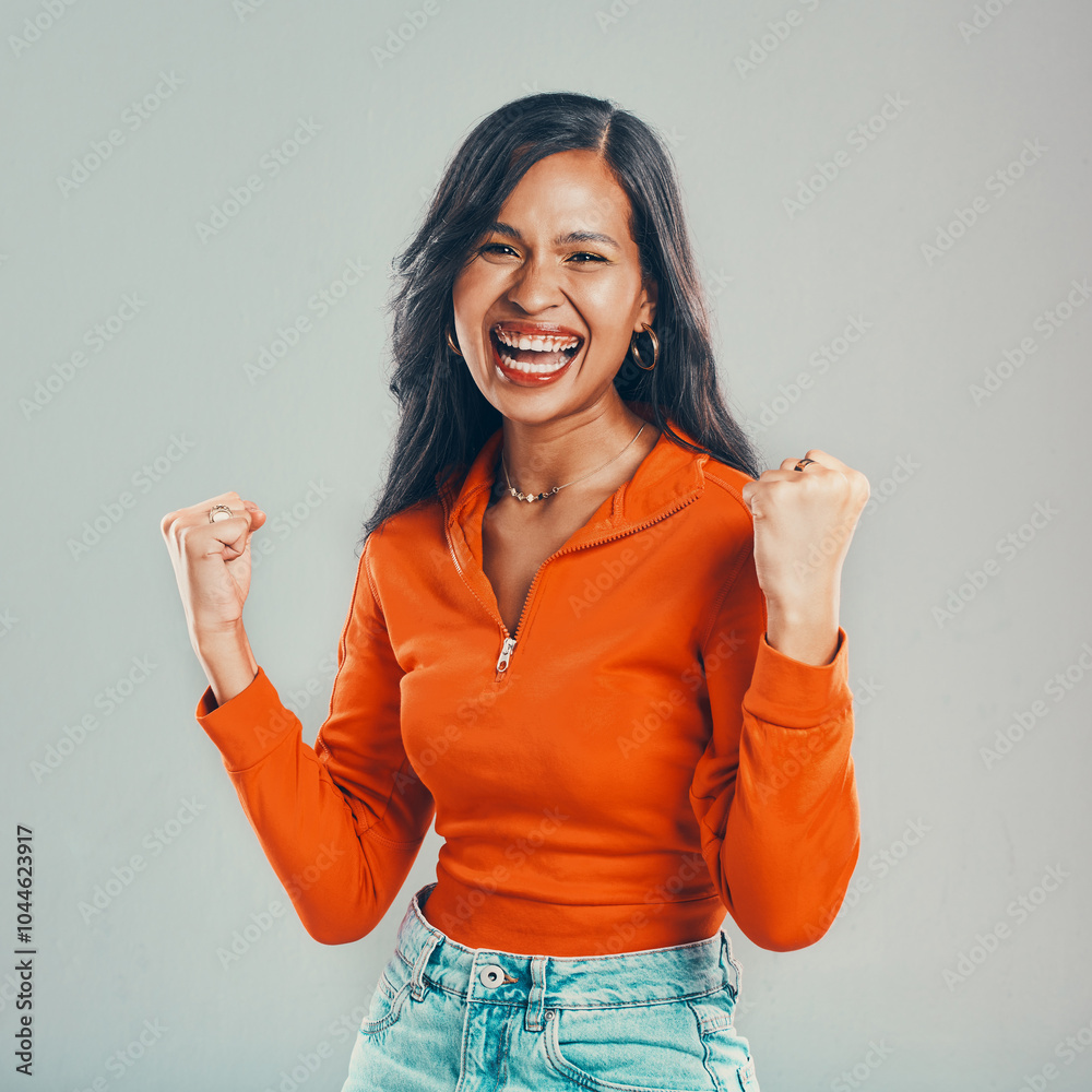 Portrait, cheering and woman with celebration and excited and ...