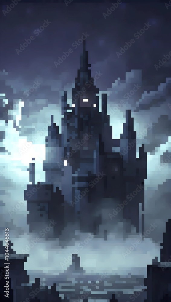 Dark gothic castle on a foggy night pixel art background. 8-bit game ...