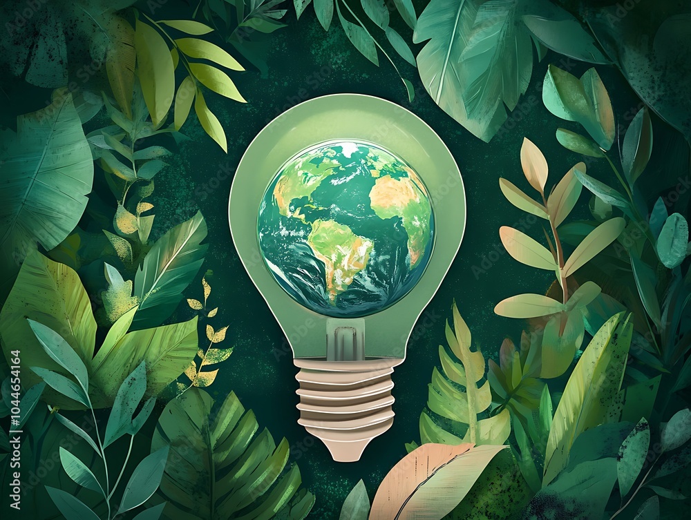 Environmental design of a light bulb with a planet earth inside of it ...