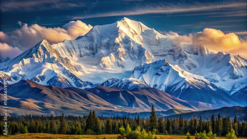 Majestic view of snow-capped Denali peak towering over the Alaskan ...