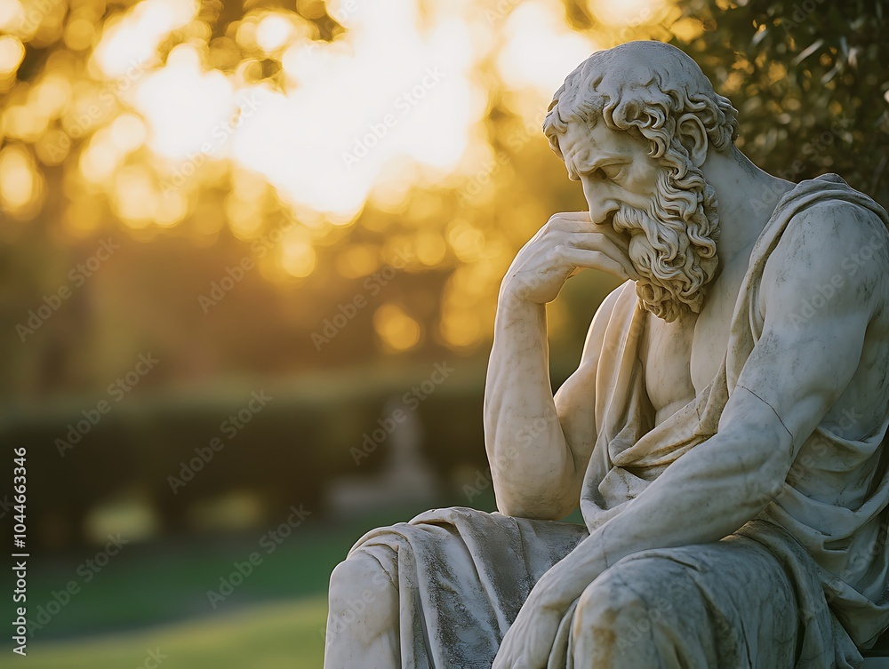 Greek philosopher statue in a park, statue of muscular man thinking ...