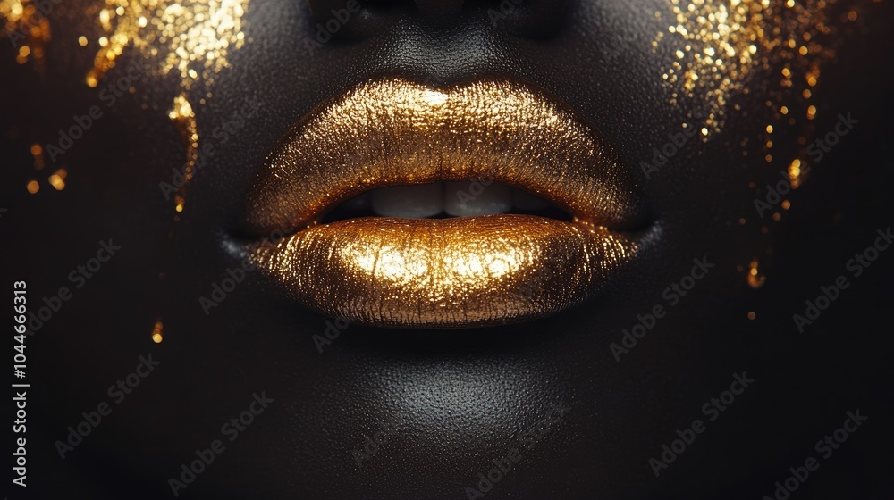 Gold paint cascades from the lips with shimmering liquid droplets on a ...