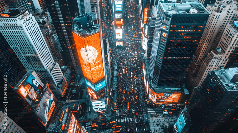 Aerial view of Times Square, New York City, at night with illuminated ...