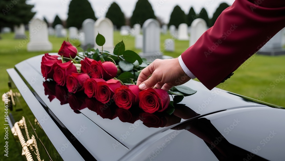Person placing red roses on a casket at a solemn funeral ceremony Stock ...
