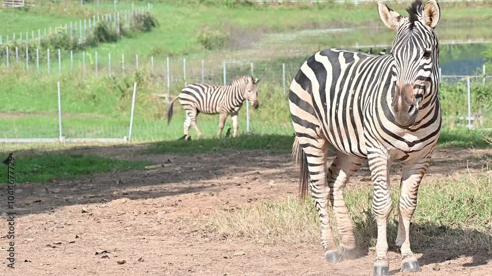 Footage of Zebras living in wildlife conservation area. Zebra is ...