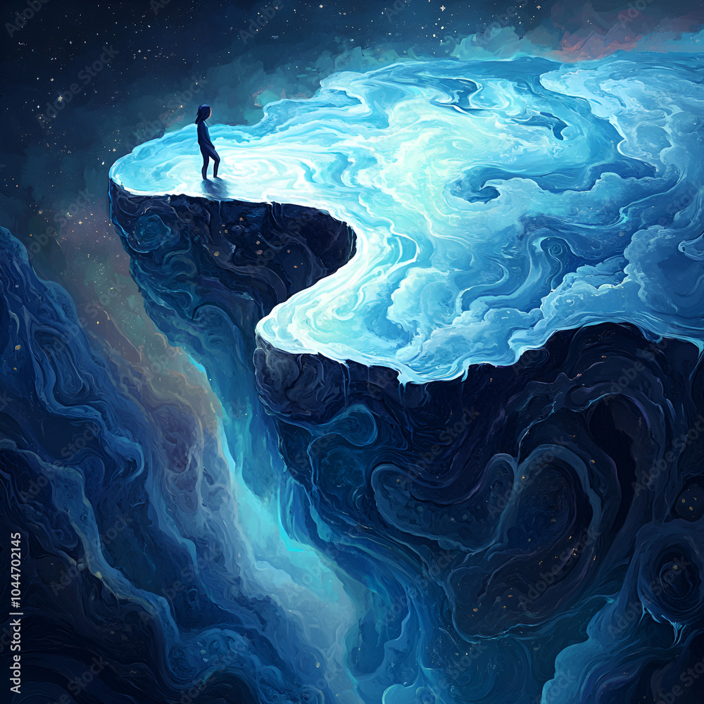 Surreal Cliff with Flowing Energy, Man on Surreal Cliff of Energy, Edge ...