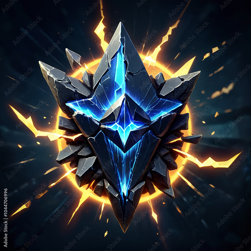 A large blue crystal shard, shaped like a star, glows with an inner ...