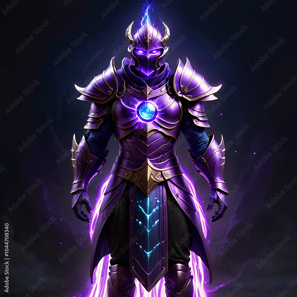 A knight clad in purple armor with golden accents stands against a dark ...