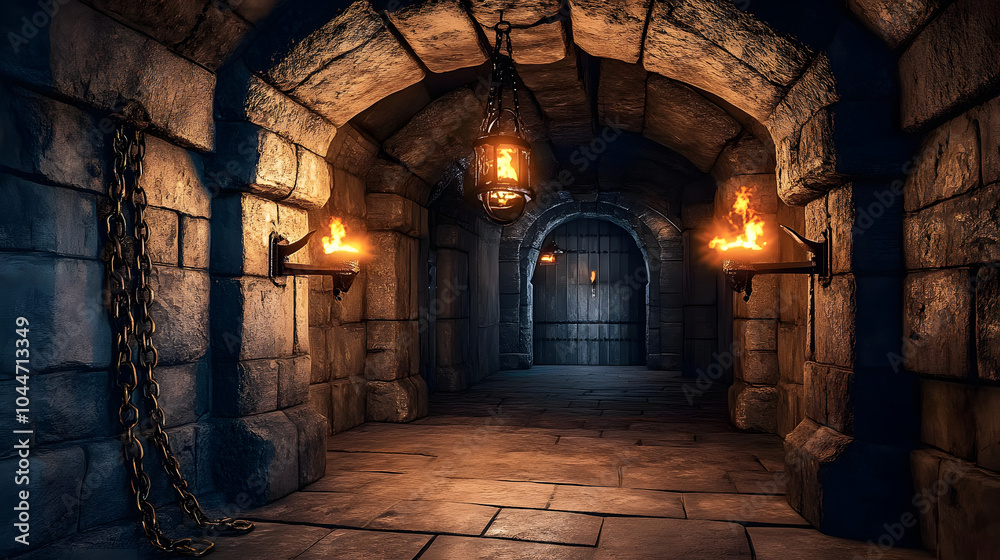 Dimly lit medieval dungeon room with eerie atmosphere, stone walls ...