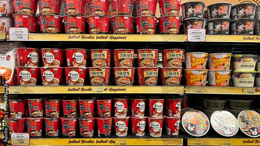 Jakarta, October 15, 2024: Grocery store shelves with instant Korean ...