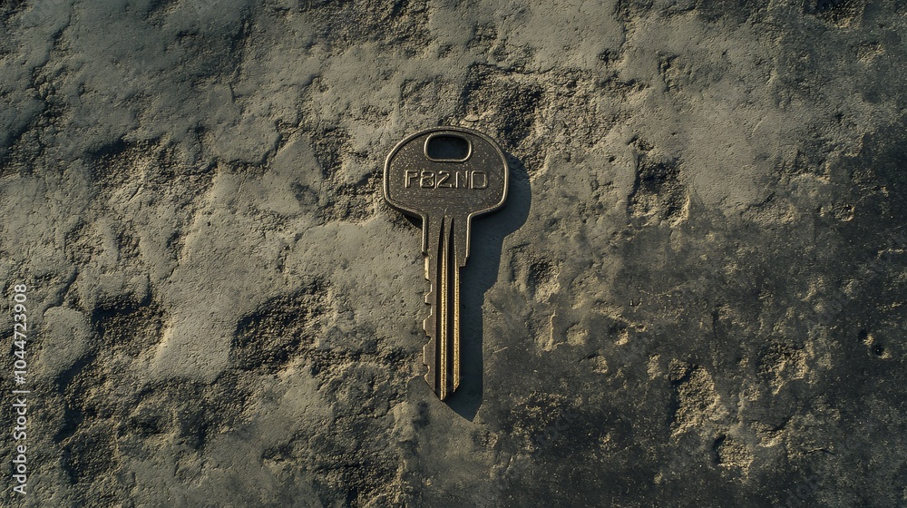 20. A top-down view of a simple key lying on a smooth table, with a ...