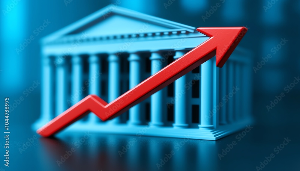 Bank building with a large red arrow pointing downward, indicating ...