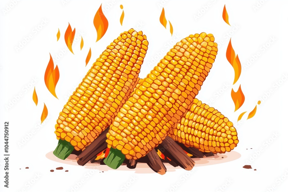 Roasting corn on the cob over a bonfire, isolated on white background ...