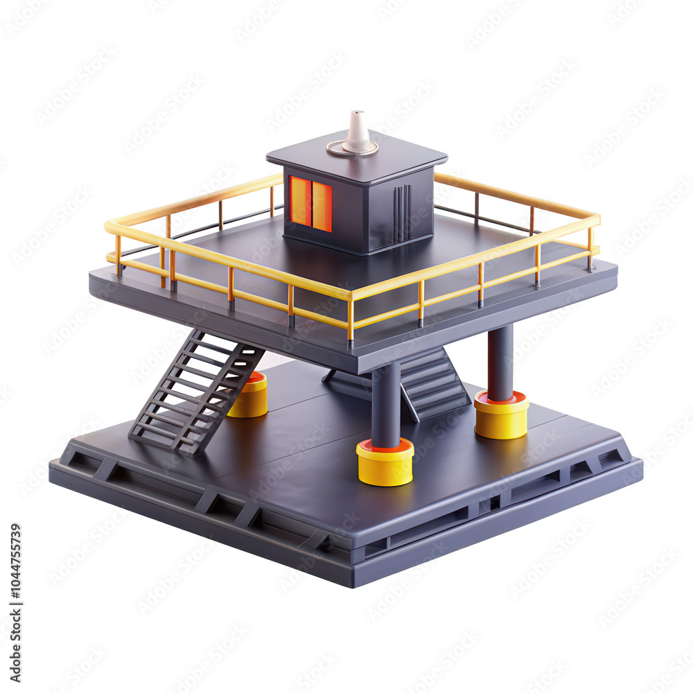 A stylized industrial platform with stairs, safety railings, and a ...