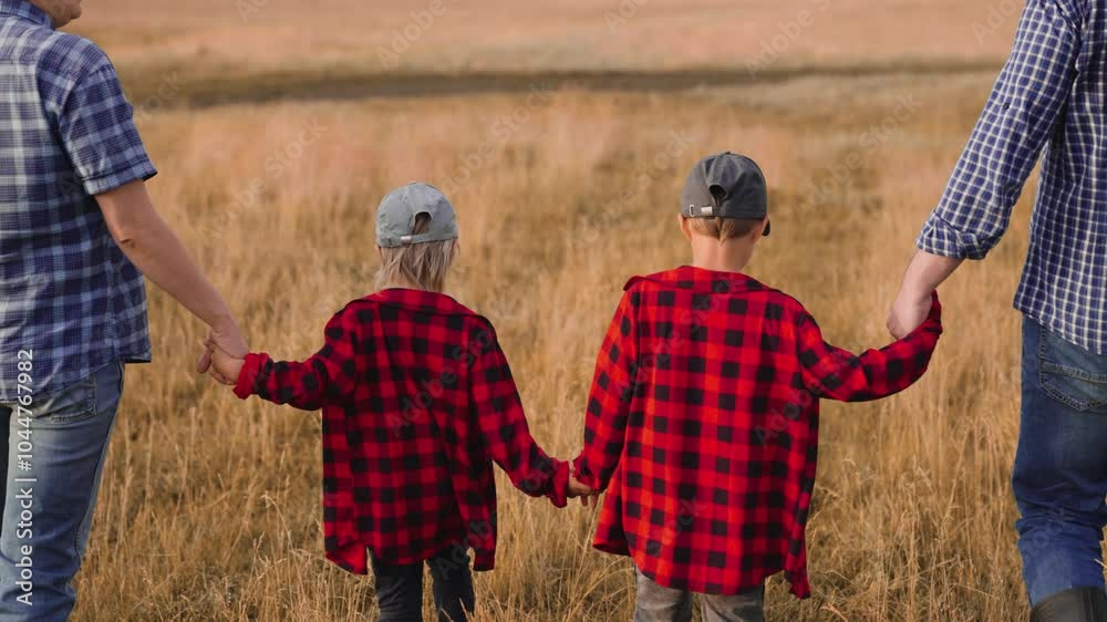 Farmers family of little sons with parents walks holding hands in dry ...