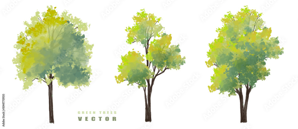 Vector watercolor of green tree side view isolated on white background ...