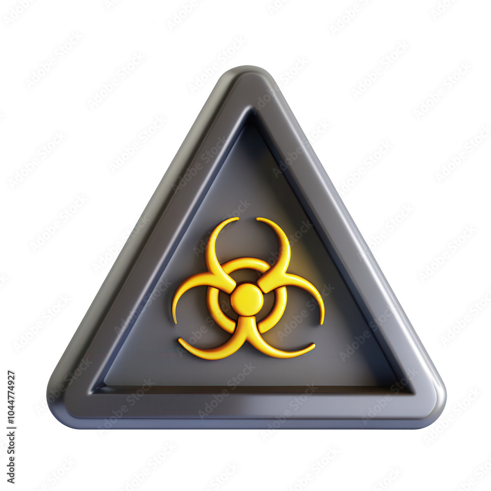 A 3D render of a biohazard symbol in a triangular warning sign. The ...