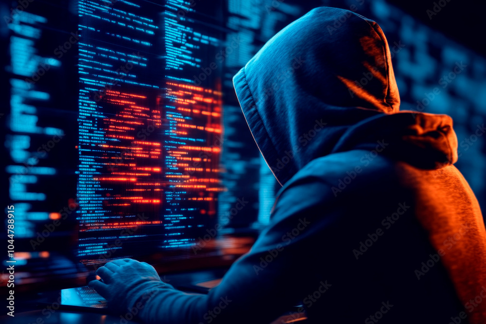 Hacker in Dark Hooded Outfit Using Laptop in a Cybersecurity Breach ...