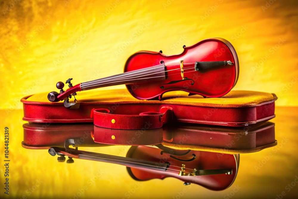 Vivid image of a violin in a red velvet case on a yellow background ...