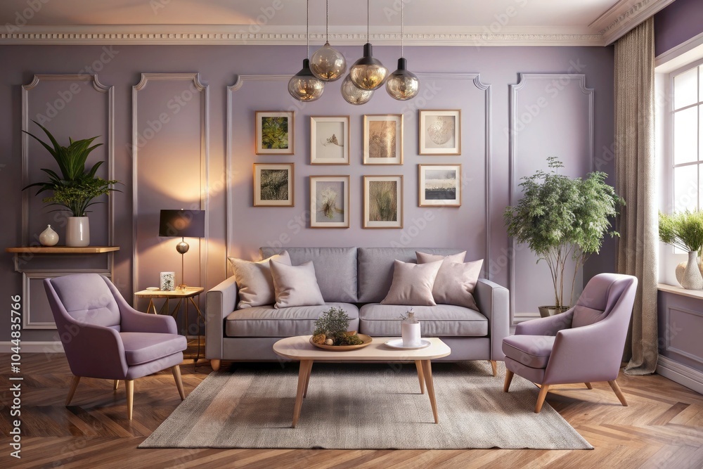 Vintage Style Mockup of a Modern 3D Interior Design with Pastel Purple ...