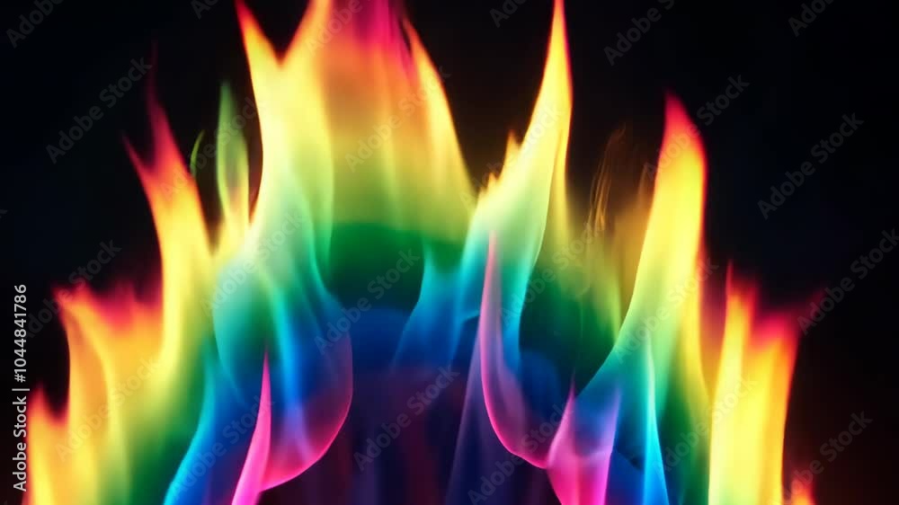 Rainbow Flames Bursting Outward from Center Against Black Background ...